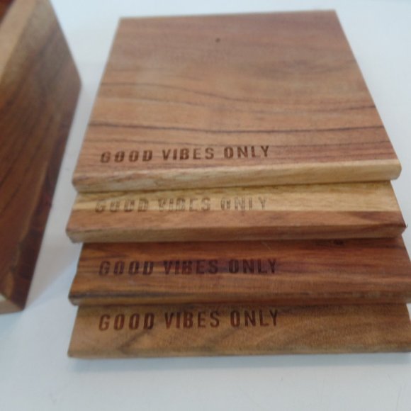 Dining | Stamped Good Vibes Only Set Of 4 Square Wood Coasters Box Made ...